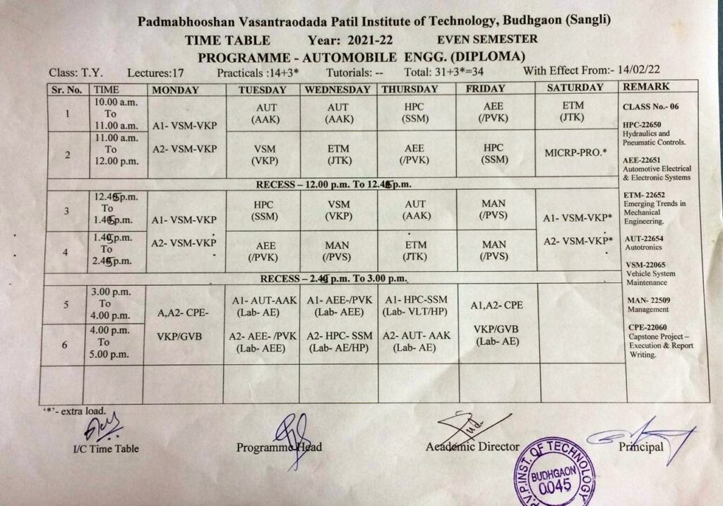Diploma Automobile Engineering: Time Table – PVPIT POLYTECHNIC