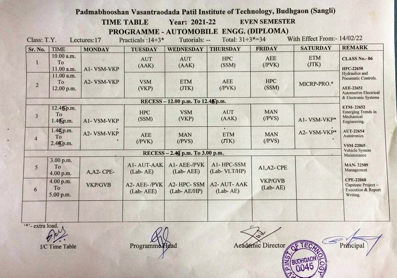 Diploma Automobile Engineering: Time Table – PVPIT POLYTECHNIC